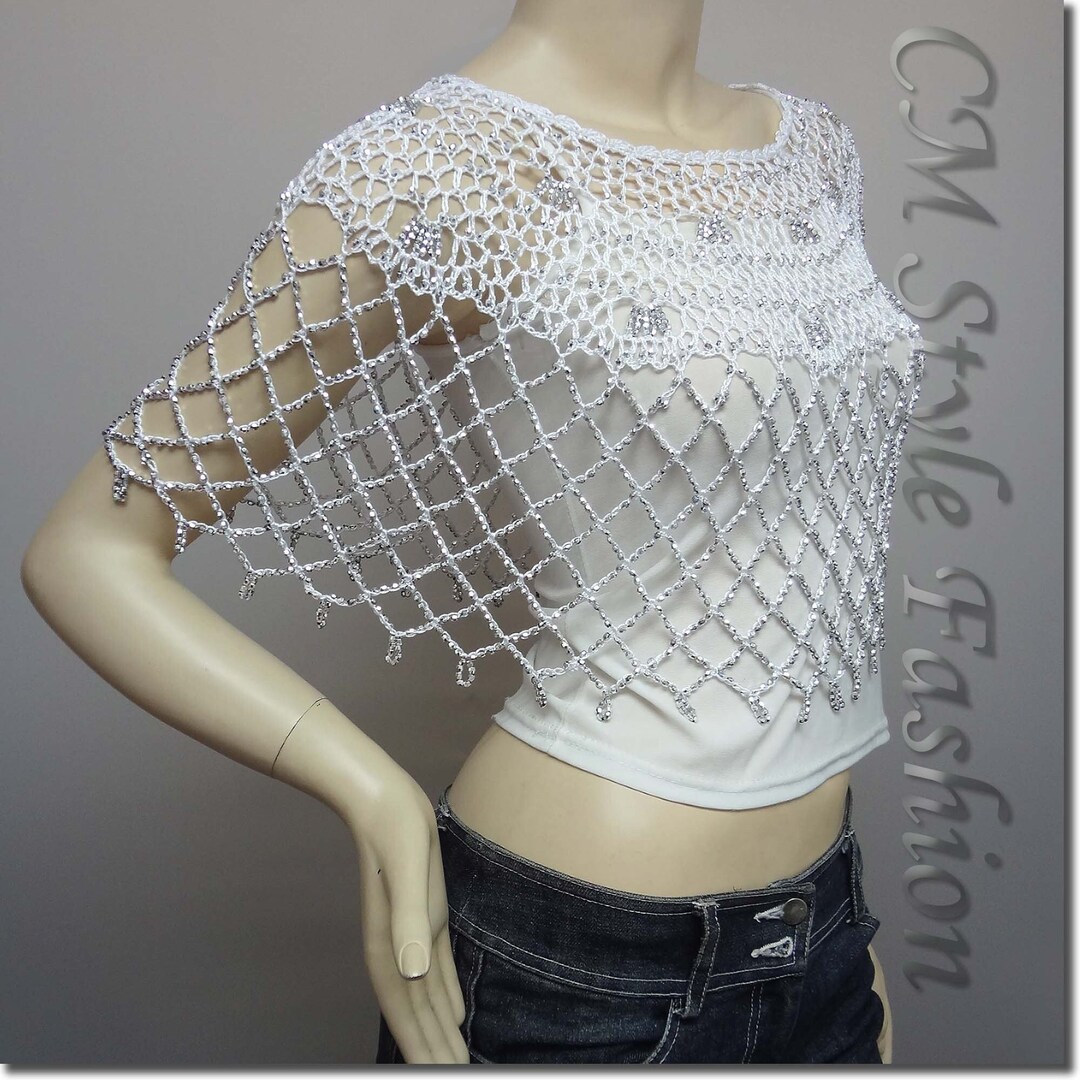 Party Wear Crochet Knit Net Poncho Wrap Cape White W/ Silvery - Etsy ...