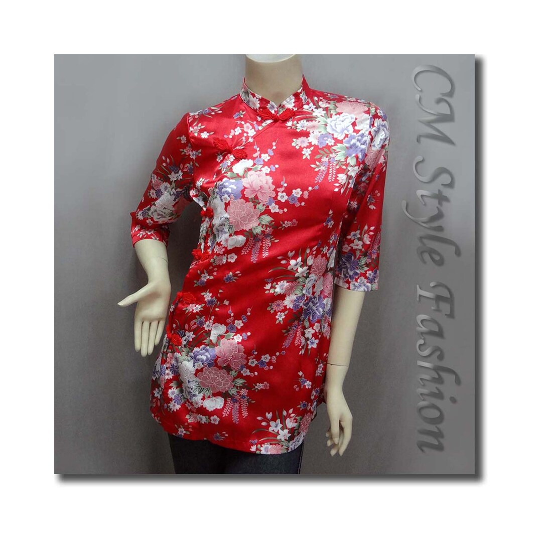 Chinese Cheongsam Qipao Style Floral Satin Tunic Top Red - Etsy