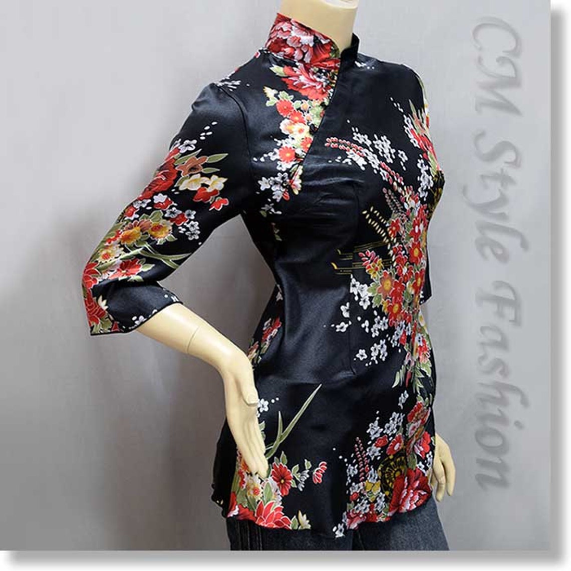 Chinese Cheongsam Qipao Style Floral Silky Satin Tunic Top Black - Etsy