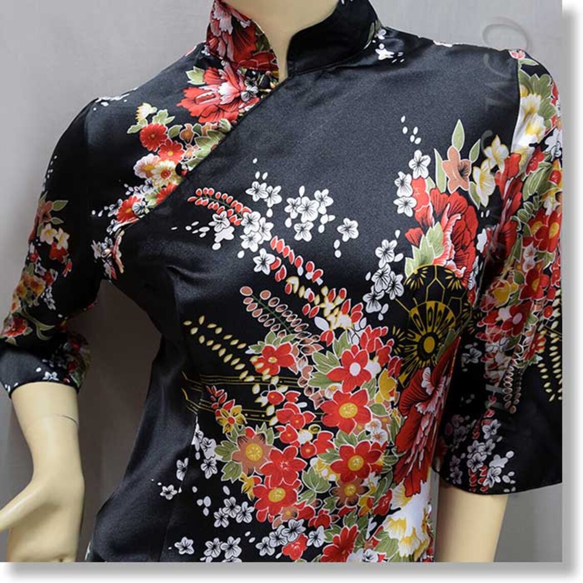 Chinese Cheongsam Qipao Style Floral Silky Satin Tunic Top Black - Etsy