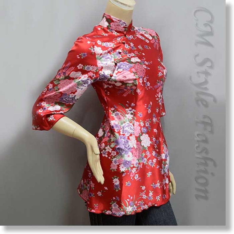 Chinese Cheongsam Qipao Style Floral Silky Satin Tunic Top Red - Etsy
