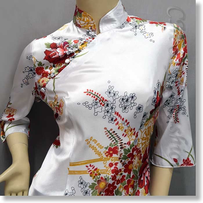 Chinese Cheongsam Qipao Style Floral Silky Satin Tunic Top White - Etsy