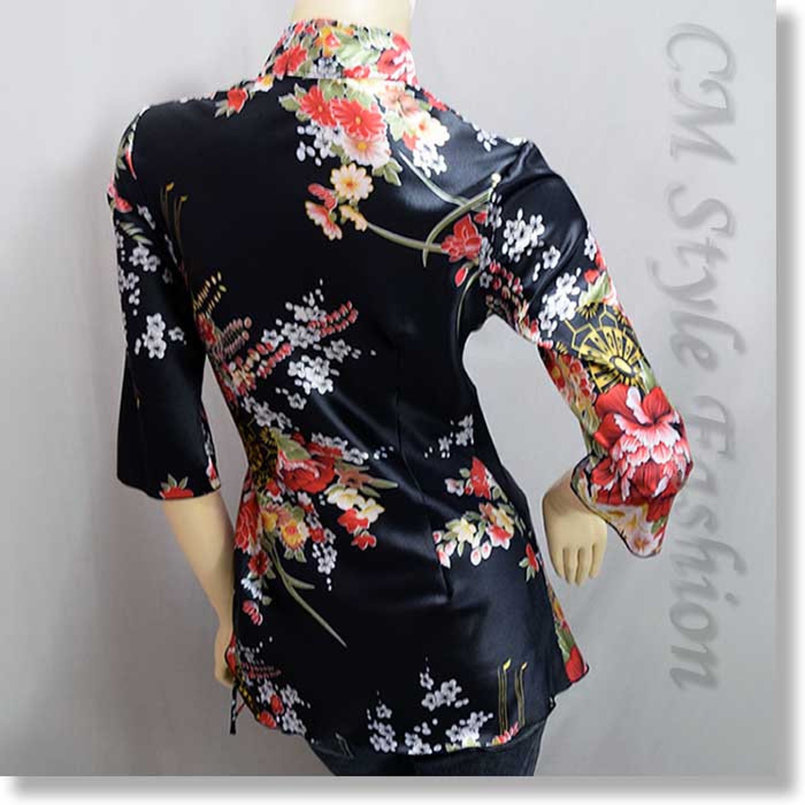 Chinese Cheongsam Qipao Style Floral Silky Satin Tunic Top Black - Etsy