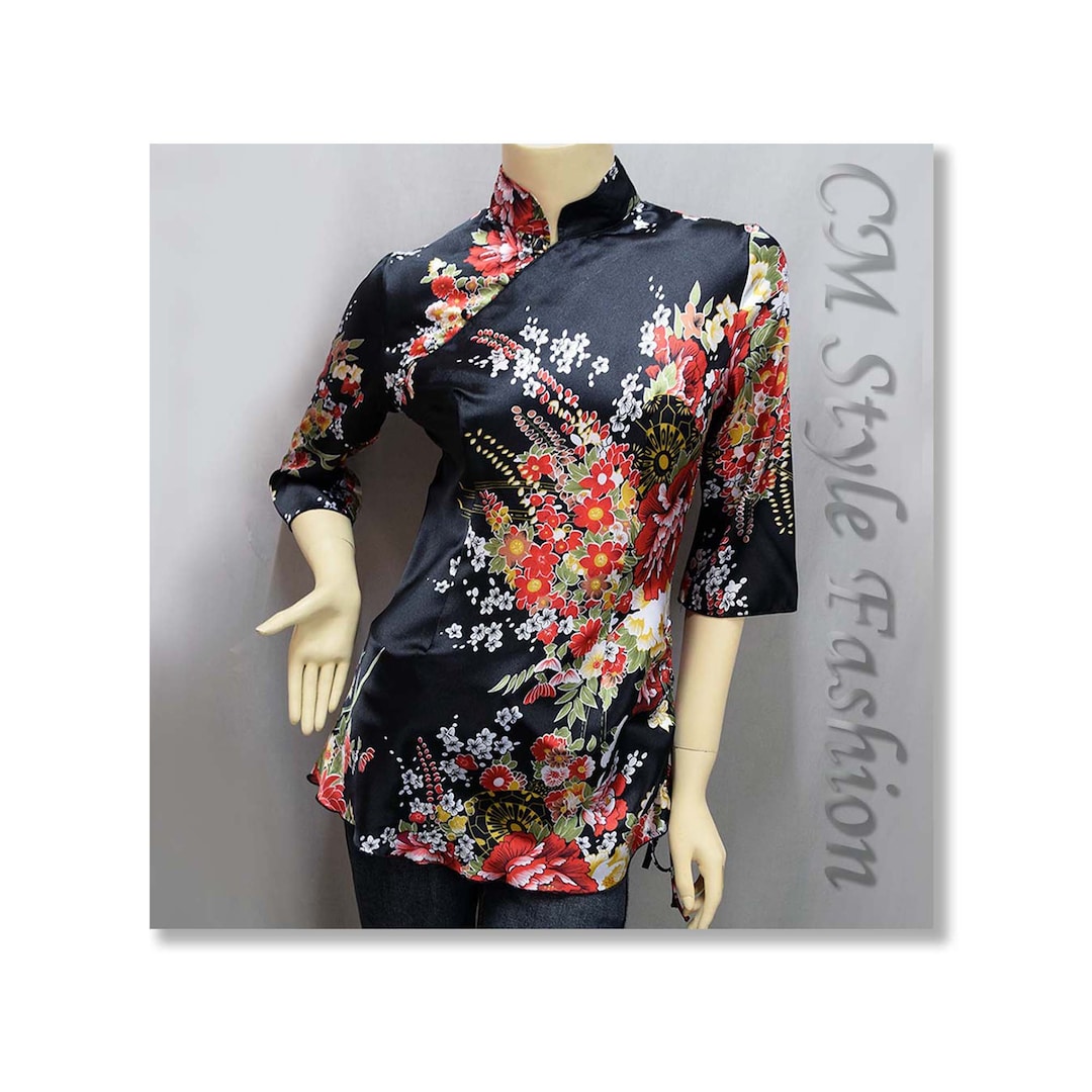 Chinese Cheongsam Qipao Style Floral Silky Satin Tunic Top Black - Etsy