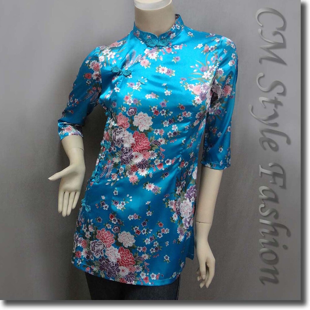 Chinese Cheongsam Qipao Style Floral Satin Tunic Top Blue - Etsy