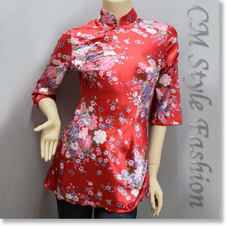 Chinese Cheongsam Qipao Style Floral Silky Satin Tunic Top Red - Etsy