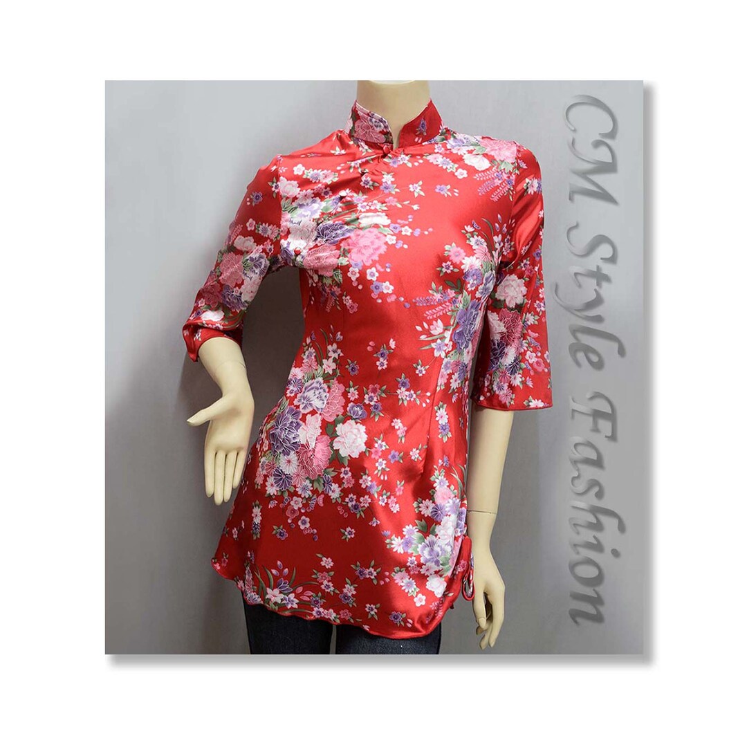 Chinese Cheongsam Qipao Style Floral Silky Satin Tunic Top Red - Etsy