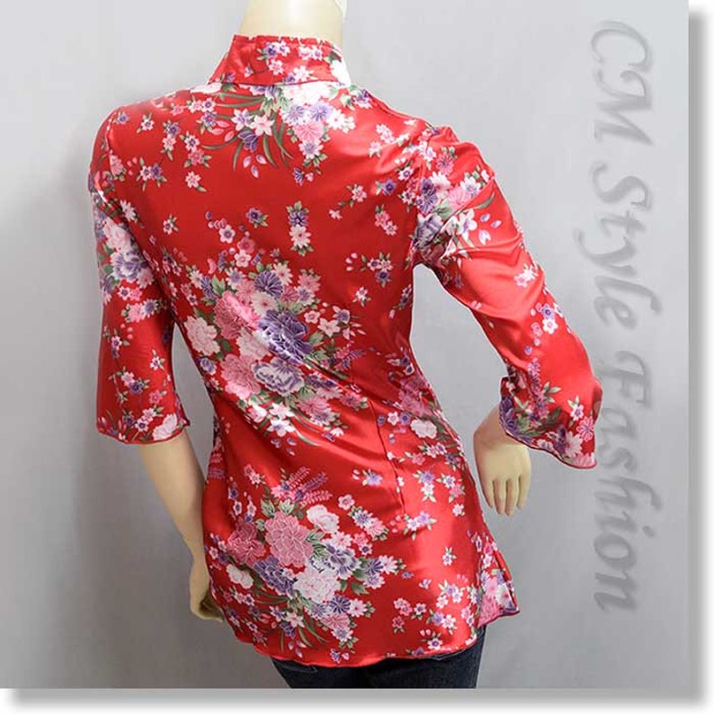 Chinese Cheongsam Qipao Style Floral Silky Satin Tunic Top Red - Etsy