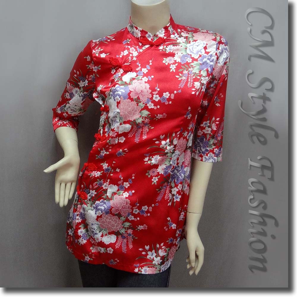 Chinese Cheongsam Qipao Style Floral Satin Tunic Top Red - Etsy