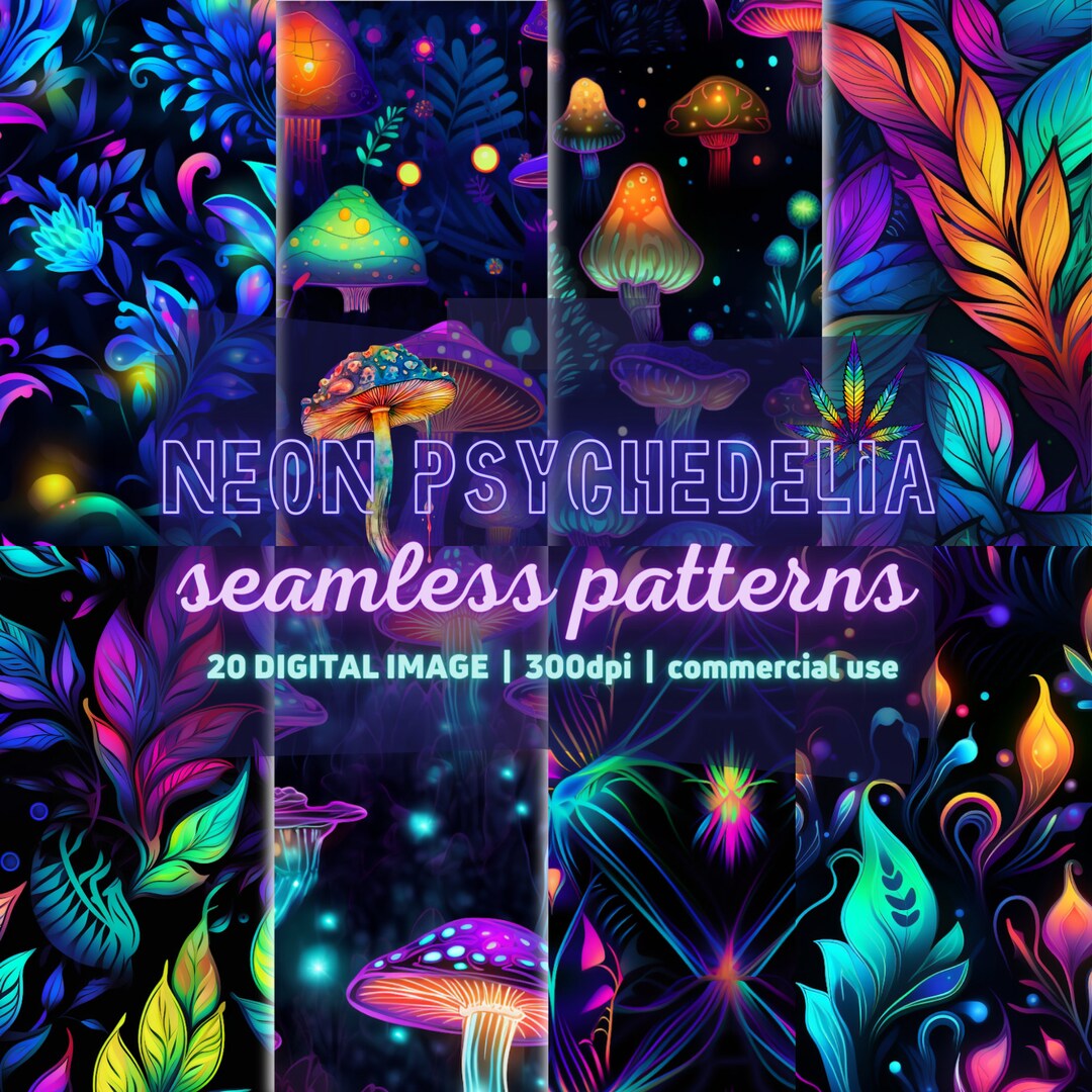 Neon Seamless Pattern, Magical Neon, Digital Paper Pack, Mushroom Neon ...
