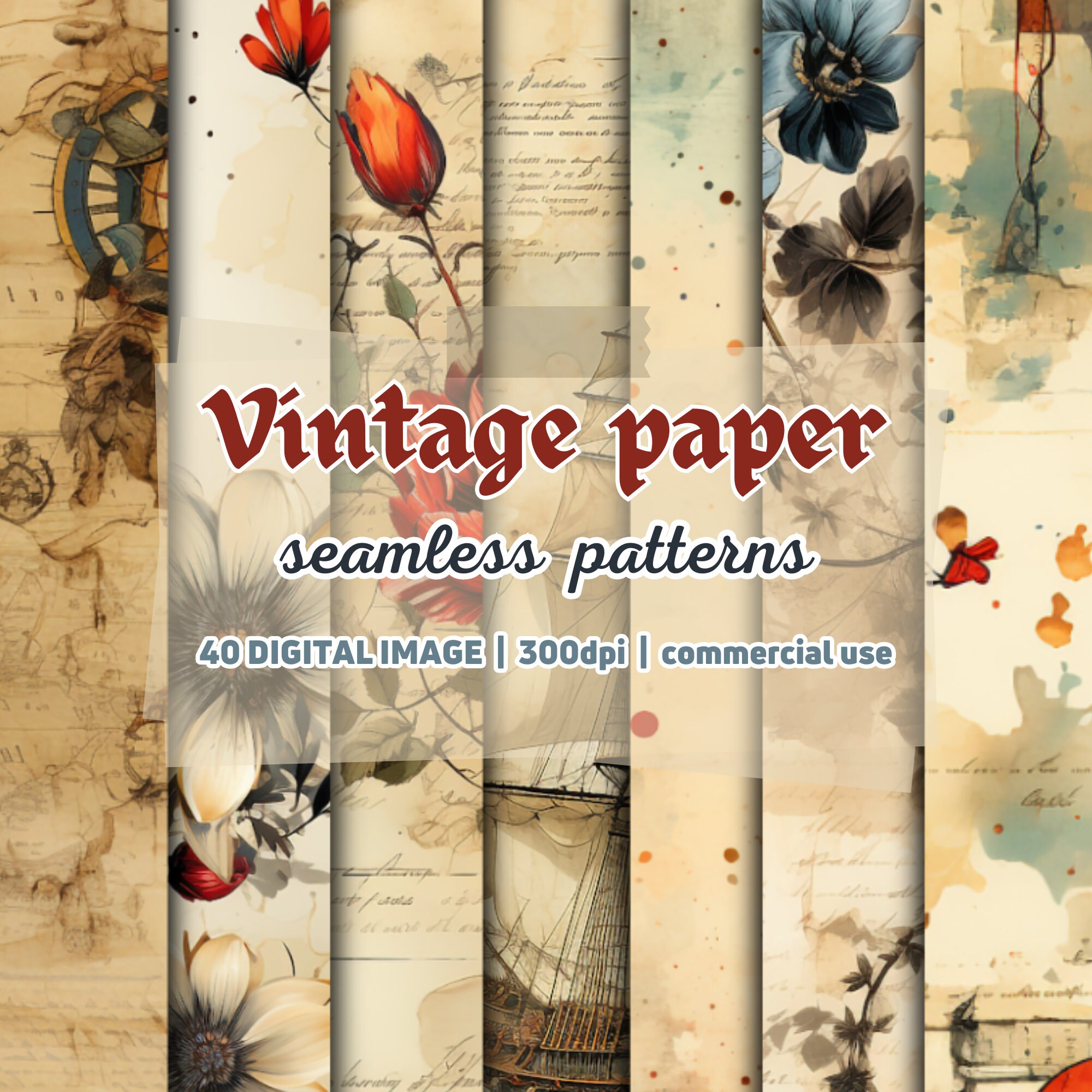 40 Vintage Paper Seamless Patterns, Antique Documents, Digital Paper ...