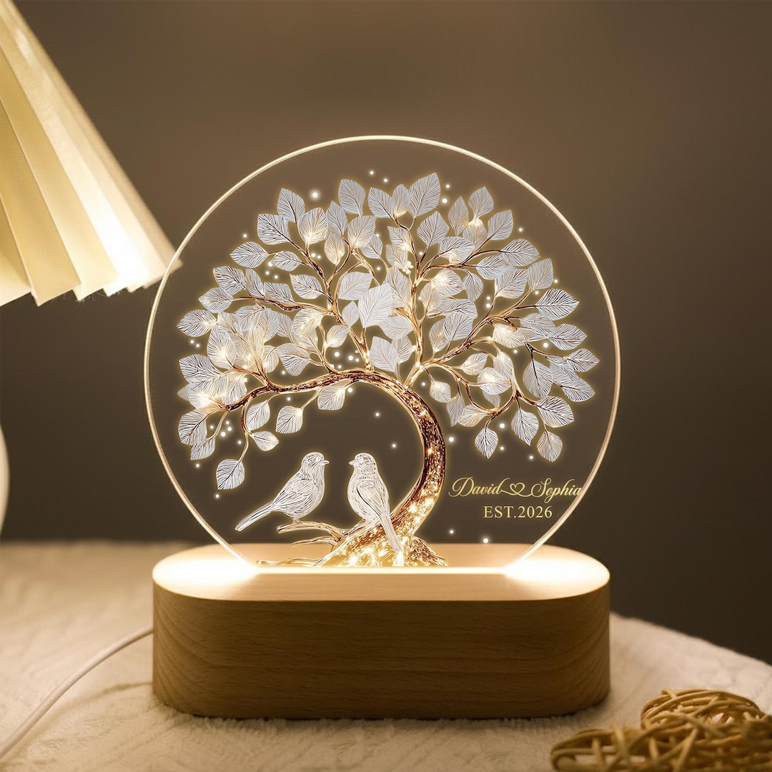 Custom Tree of Love Couples Night Light, Couples Bird Name Led Light ...