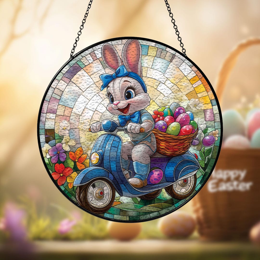 Bunny Easter Stained Glass Suncatcher, Easter Egg Basket Full of ...