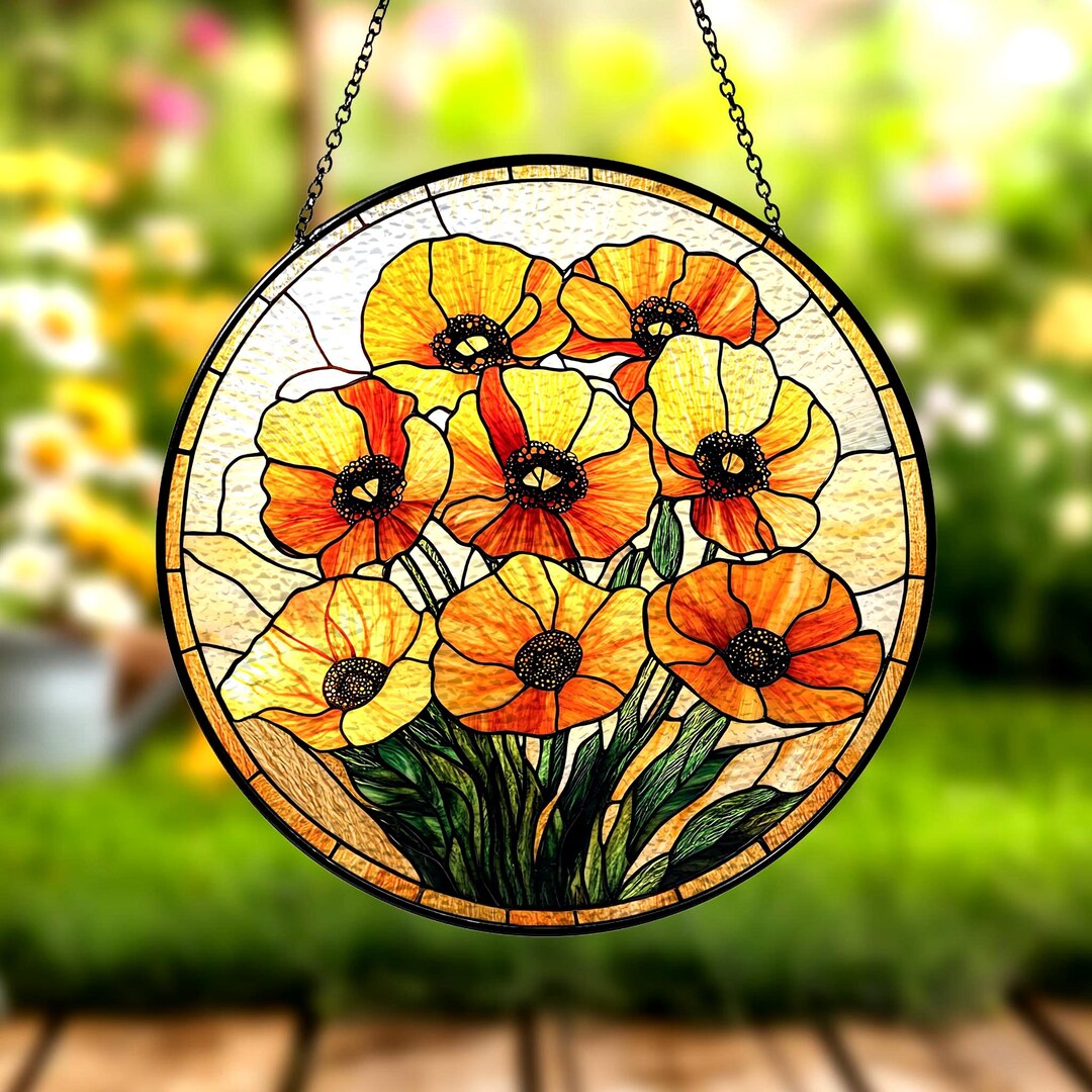 California Poppy Stained Glass Suncatcher, Orange Poppy Hanging Decor ...