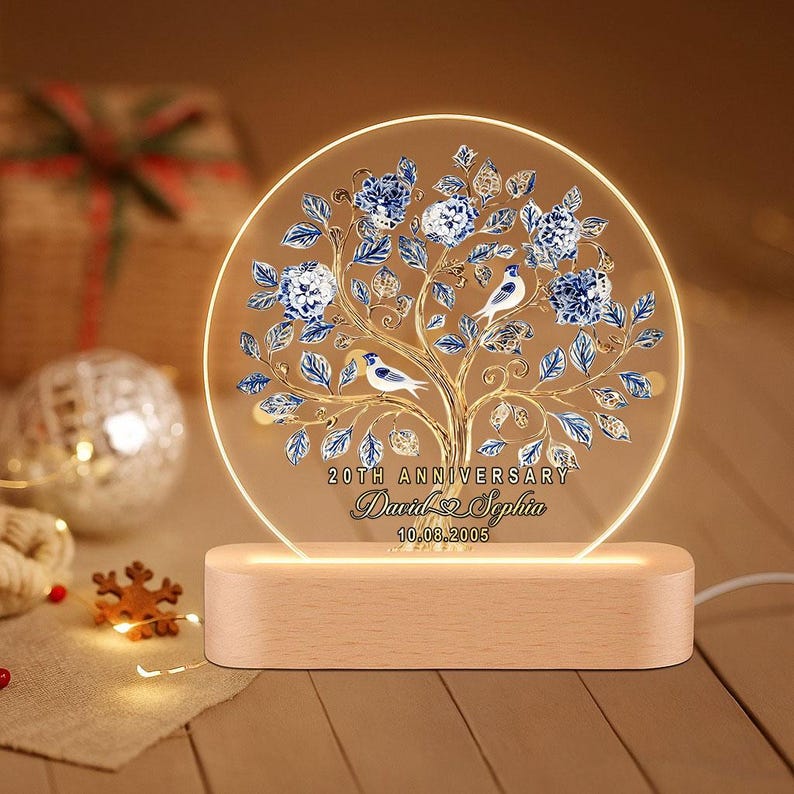 Personalized 20th Anniversary LED Light: Etched Acrylic, Beech Wood ...
