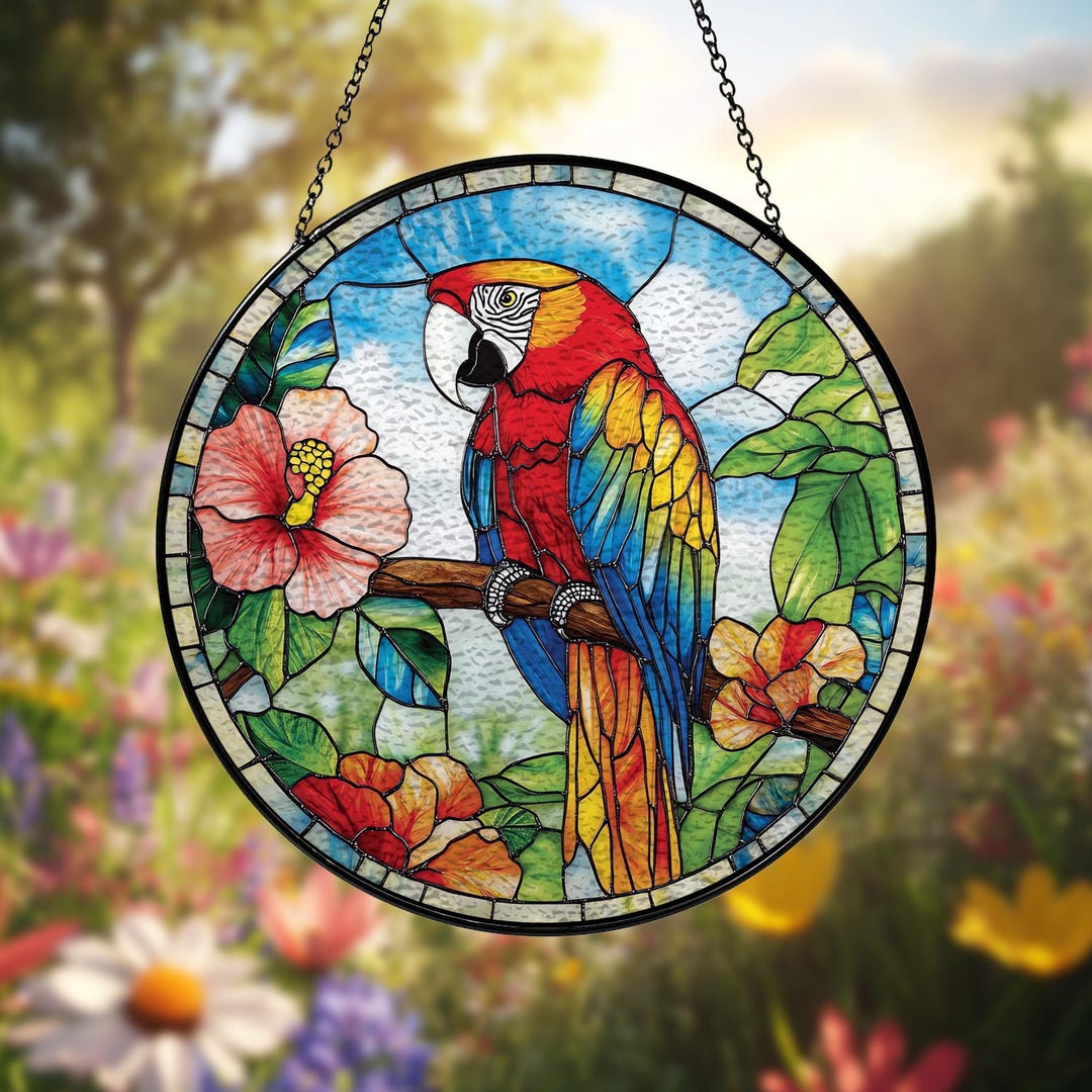 Faux Stained Glass Parrot Suncatcher, Scarlet Macaw Suncatcher ...