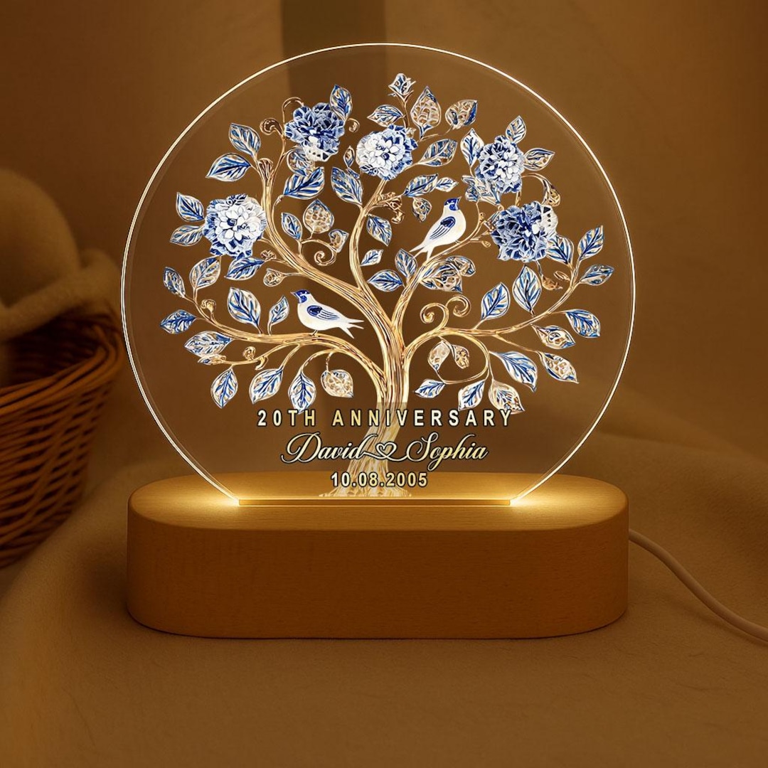 Personalized 20th Anniversary LED Light: Etched Acrylic, Beech Wood ...