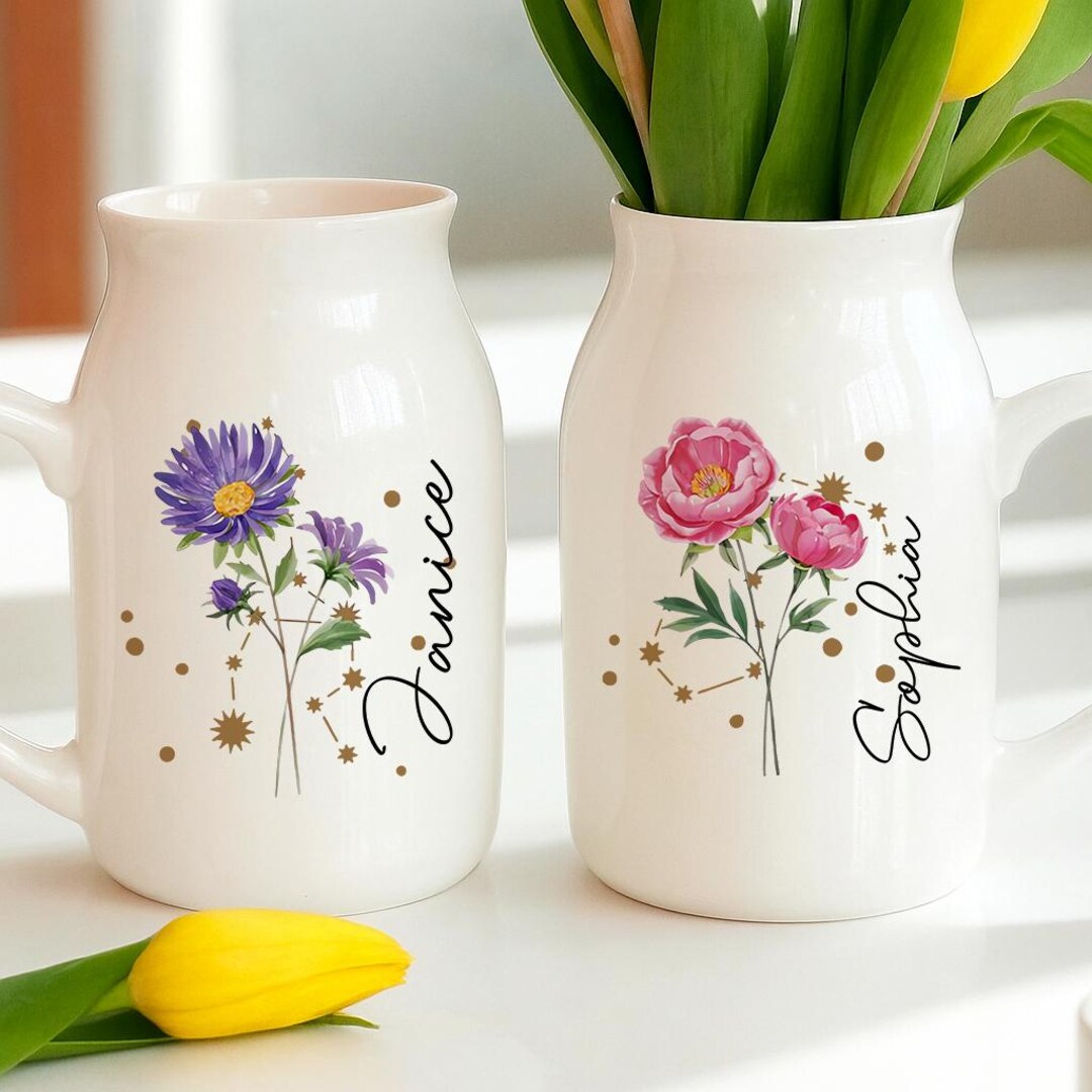 Personalized Birth Flower Vase, Zodiac Sign Vase, Flower Vase With ...