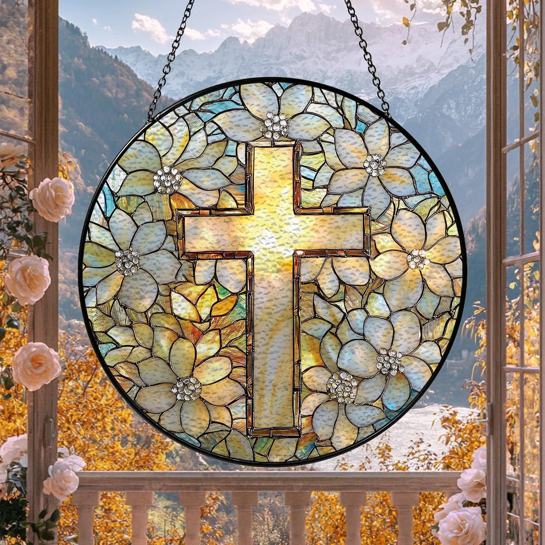 Cross and Leaf Suncatcher, Cross and Flower Strained Glass Window ...
