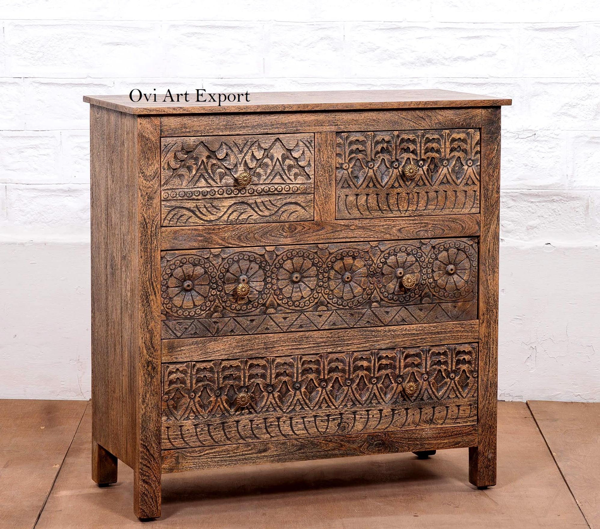 Wooden Cupboard With Floral Mandala Carving – Modern Sideboard ...