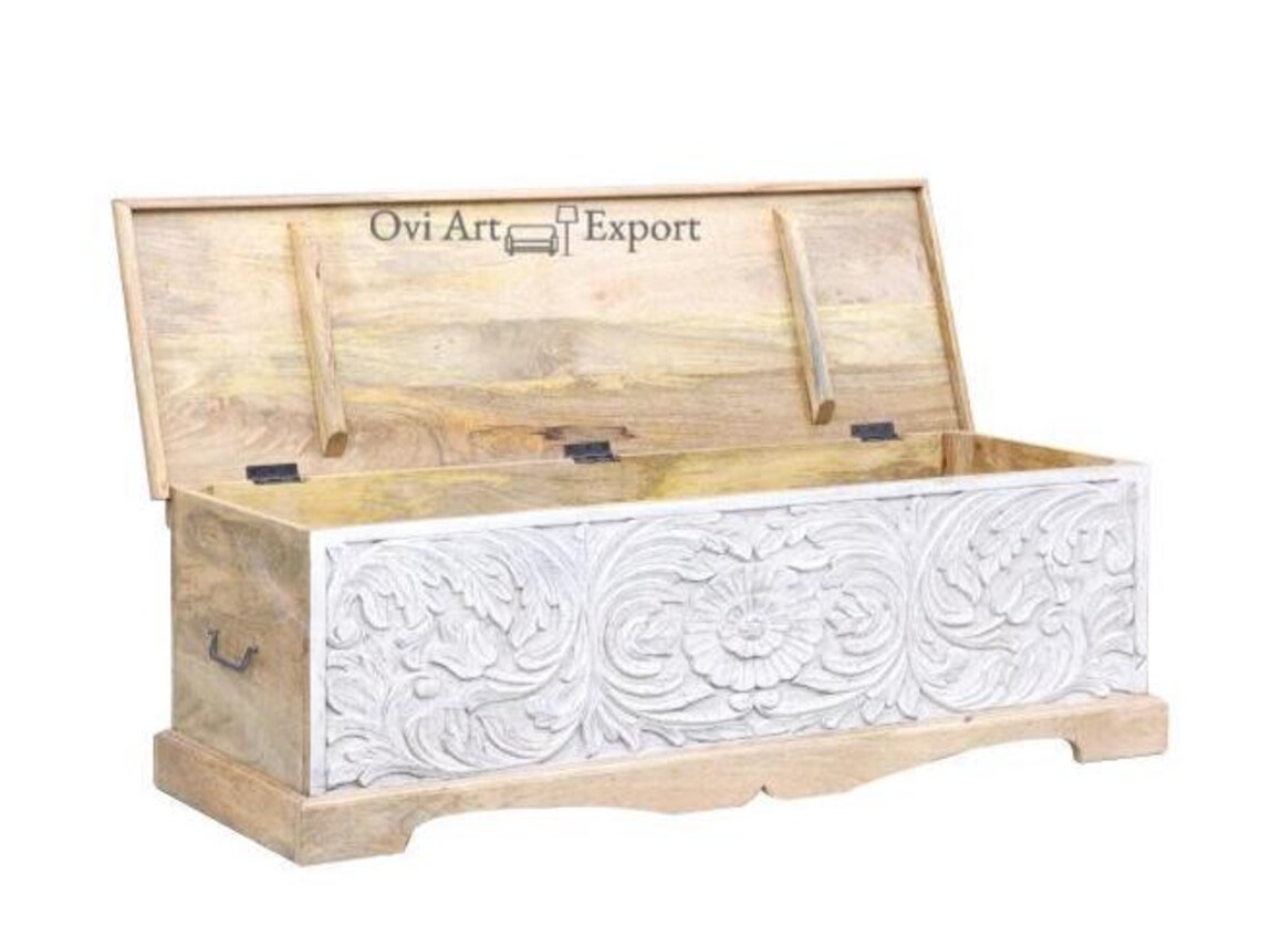 Wooden Hand‑carved Blanket Chest | Mango Wood Hope Chest, Whitewashed ...