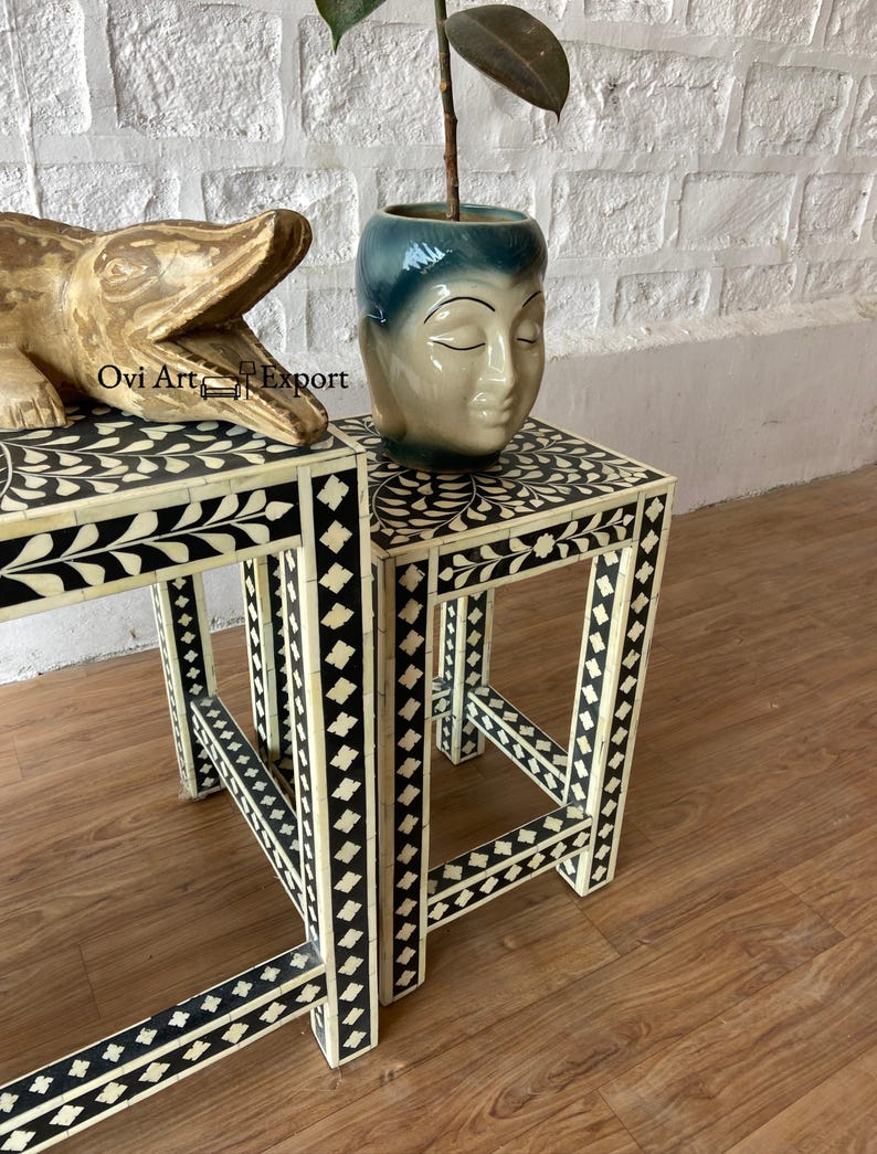 Wooden Bone Inlay Nesting Tables Set of 2,bone Inlay Floral Design ...