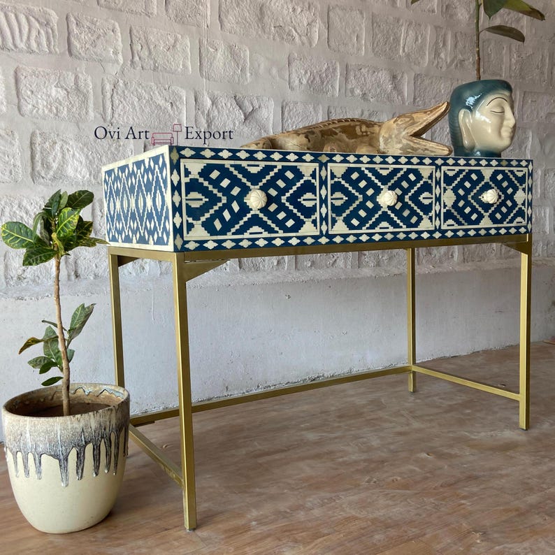 Luxury Bone Inlay Console Table With Mother of Pearl Floral Inlay, 3 ...
