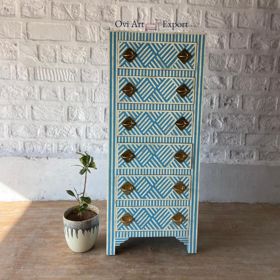Blue Bone Inlay Tallboy Dresser, Handmade 6-drawer Chest - Etsy