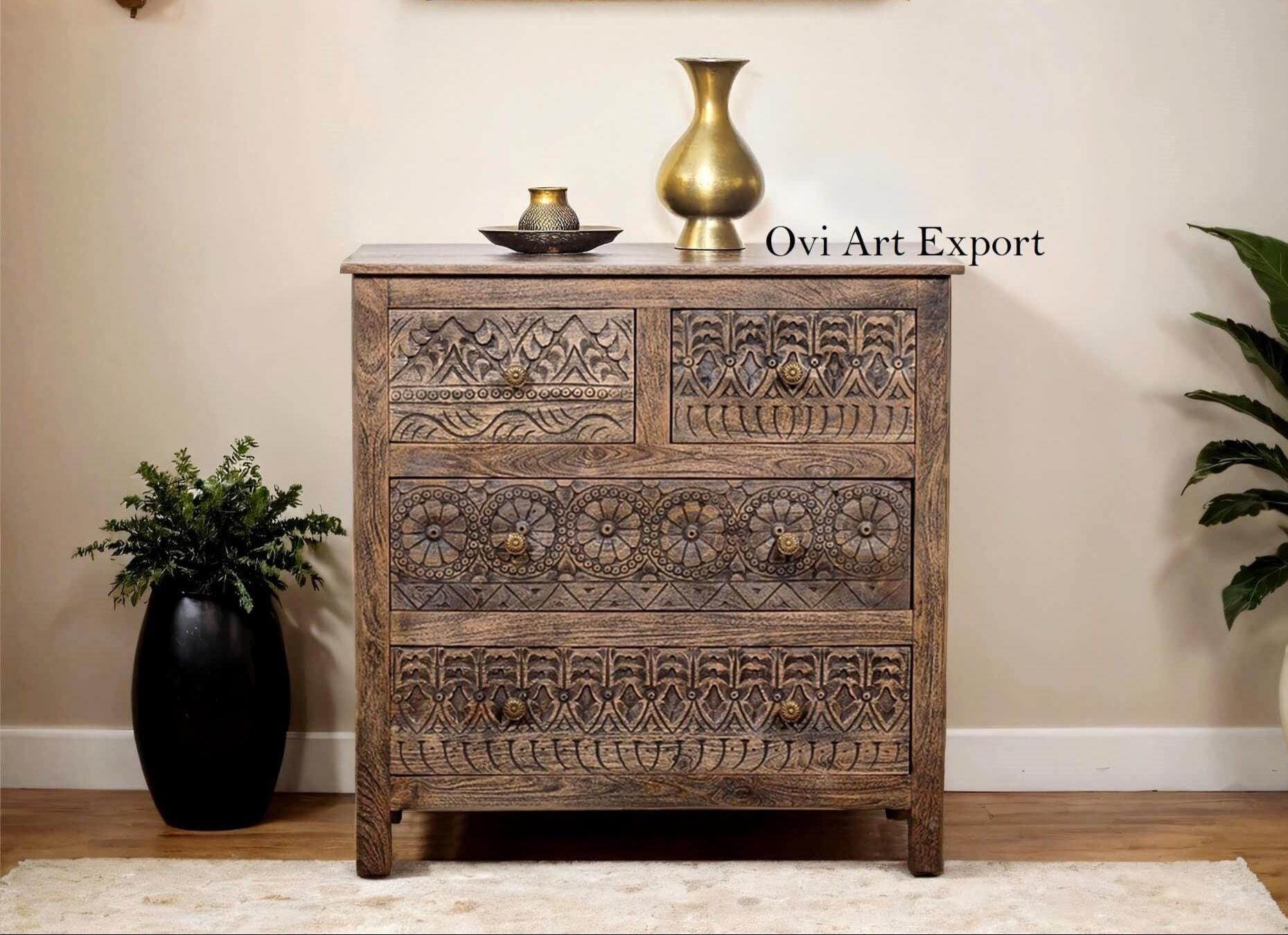 Handmade Mango Wood Sideboard: Floral Mandala Carved Boho Cabinet - Etsy