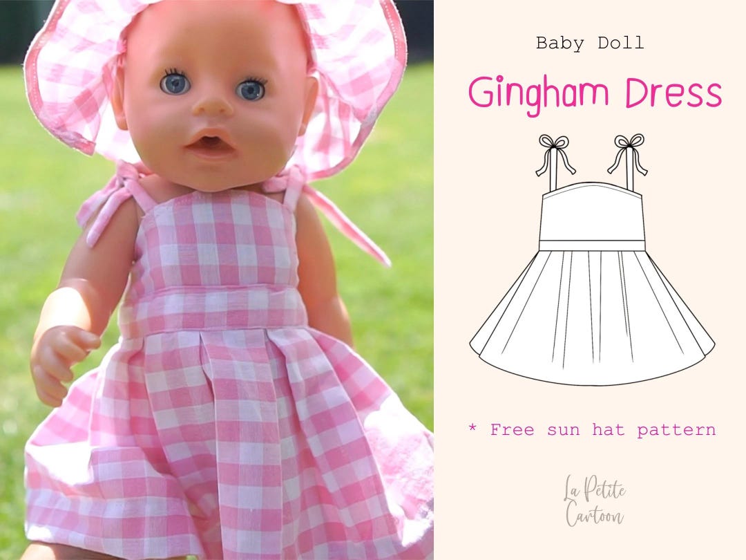 Gingham Dress Pattern for 17" Baby Doll | Includes Sun Hat (PDF Pattern ...