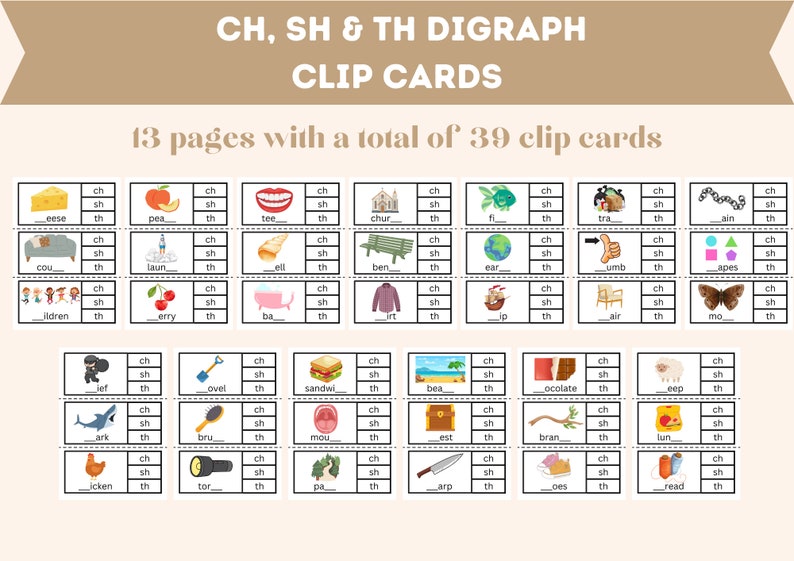 Digraph Clip Card Activity, Sh, Ch, Th Digraphs, DIGITAL DOWNLOAD ...