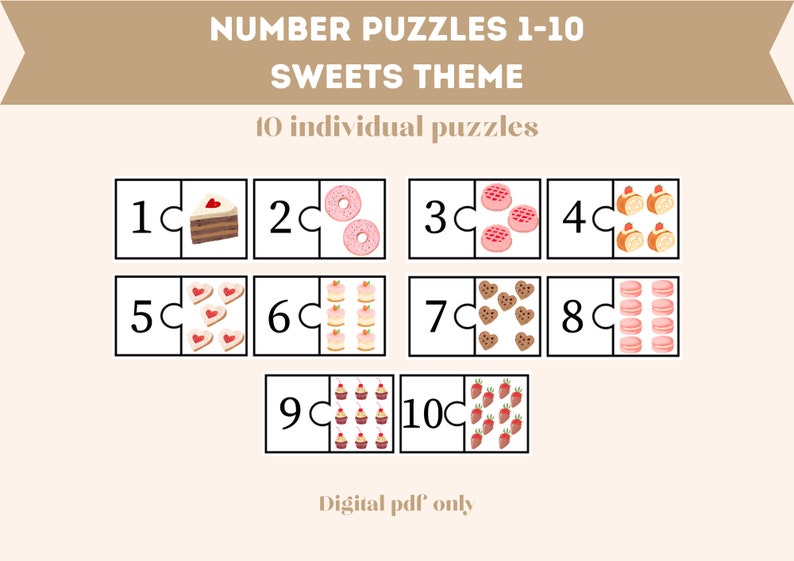 Number Puzzles 1-10, Sweets Theme, Counting Activity, DIGITAL DOWNLOAD ...