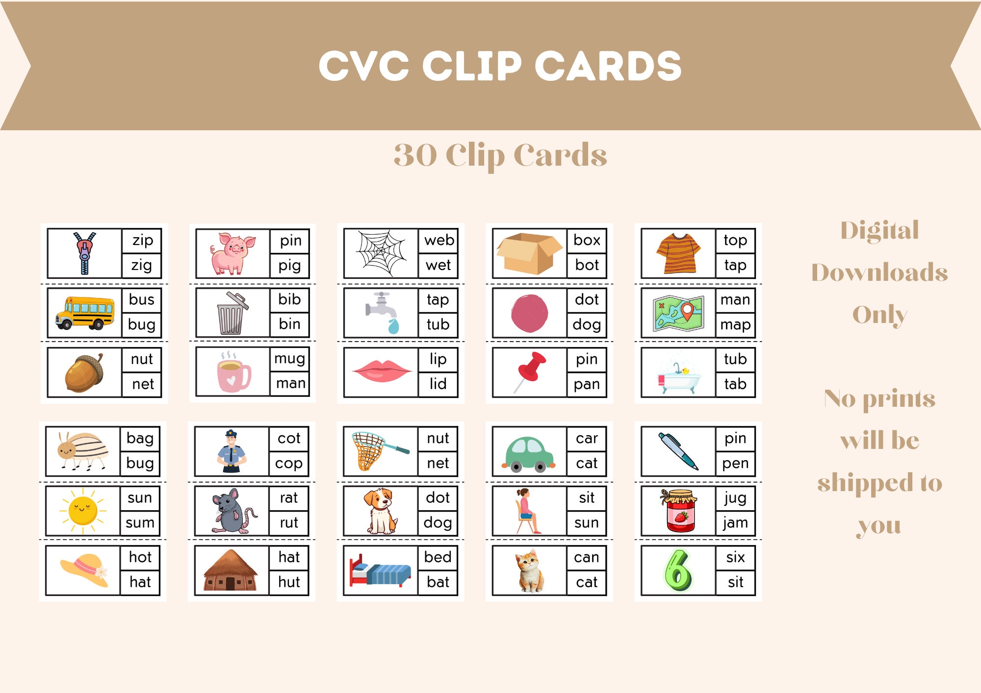 CVC Word Clip Cards, DIGITAL DOWNLOAD, Printable, Letter Recognition ...