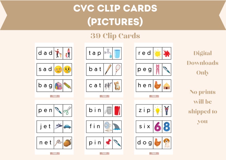 CVC Clip Cards With Pictures, DIGITAL DOWNLOAD, Printable, Letter ...