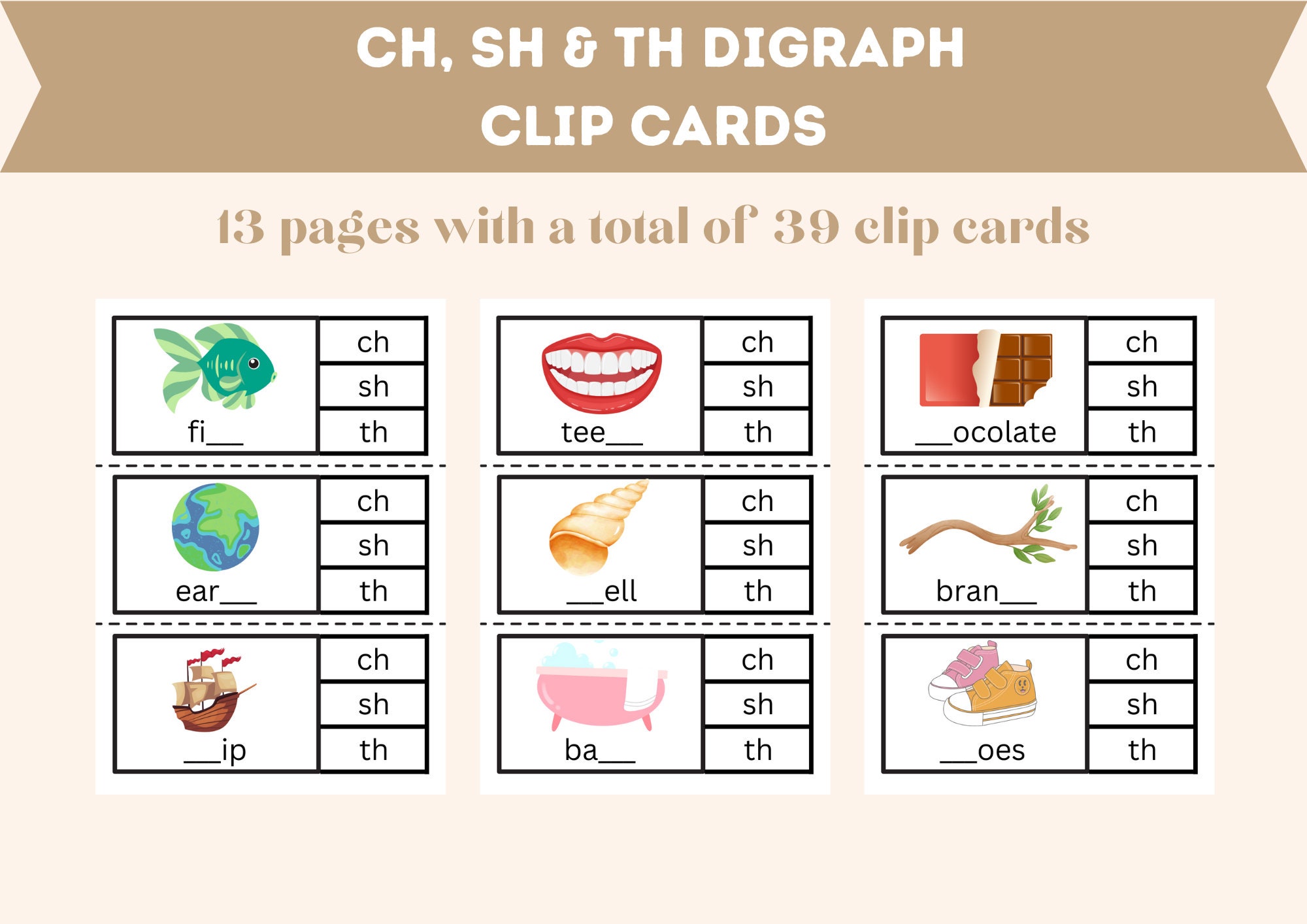 Digraph Clip Card Activity Sh Ch Th Digraphs DIGITAL - Etsy