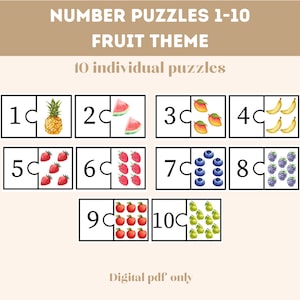 Number Puzzles 1-10, Fruit Theme, Counting Activity, DIGITAL DOWNLOAD ...