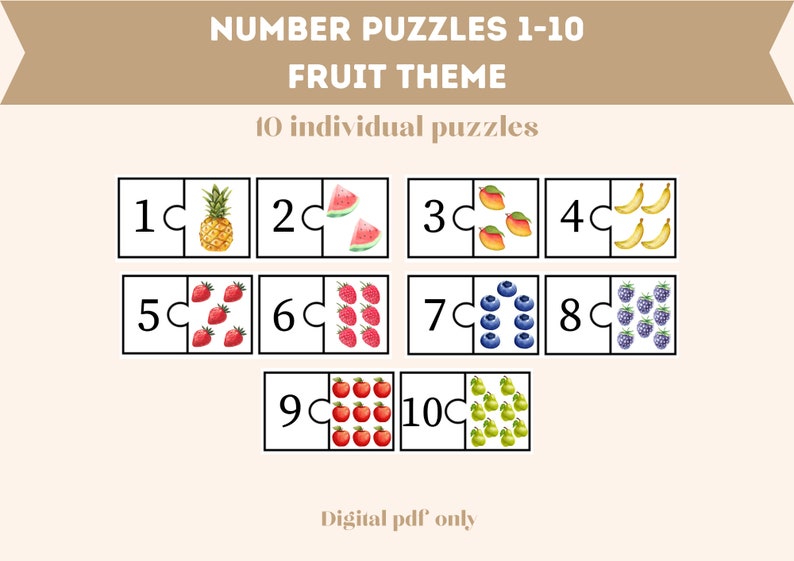 Number Puzzles 1-10, Fruit Theme, Counting Activity, DIGITAL DOWNLOAD ...