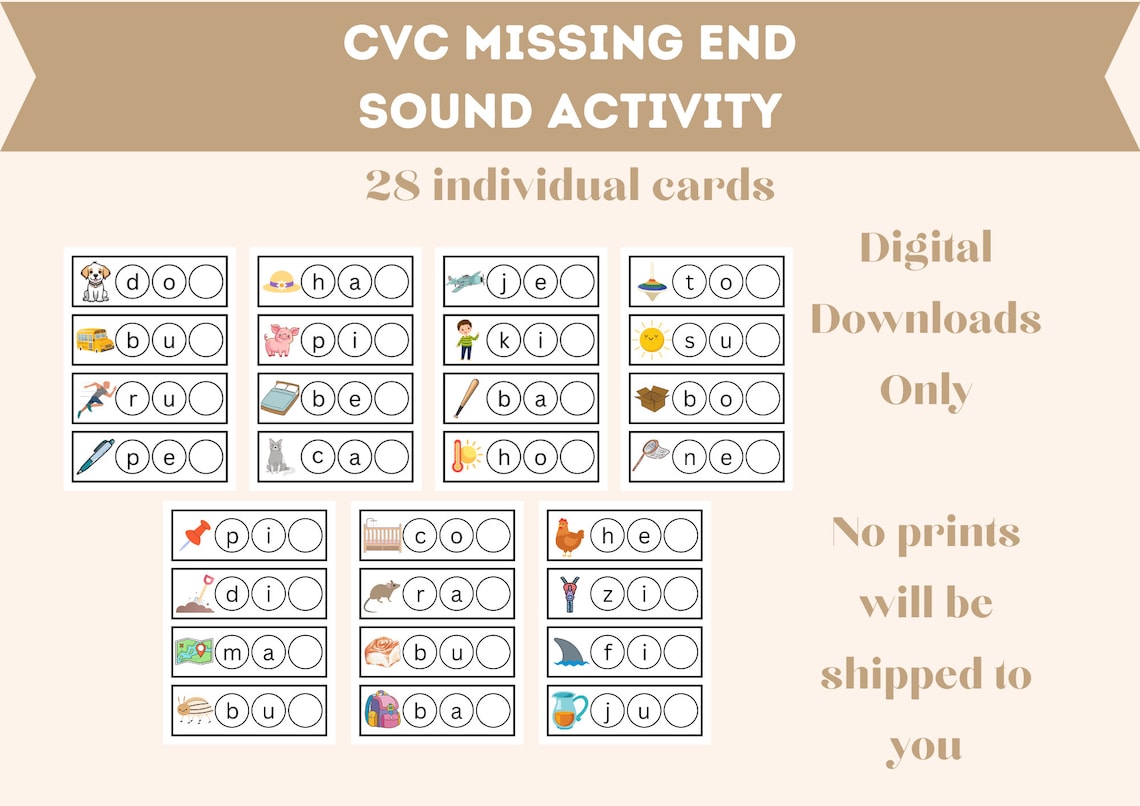 CVC Missing End Sound Activity, Literacy, Reading, PRINTABLE, Set of 28 ...