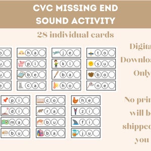 CVC Missing End Sound Activity, Literacy, Reading, PRINTABLE, Set of 28 ...
