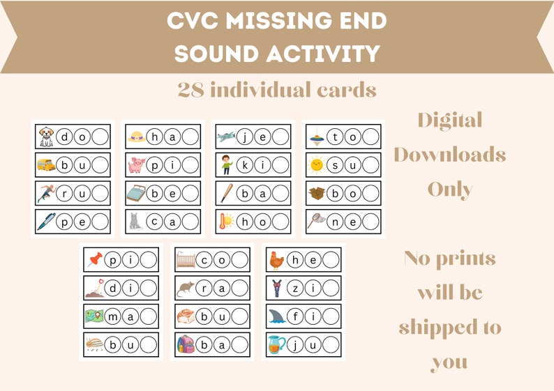 CVC Missing End Sound Activity, Literacy, Reading, PRINTABLE, Set of 28 ...