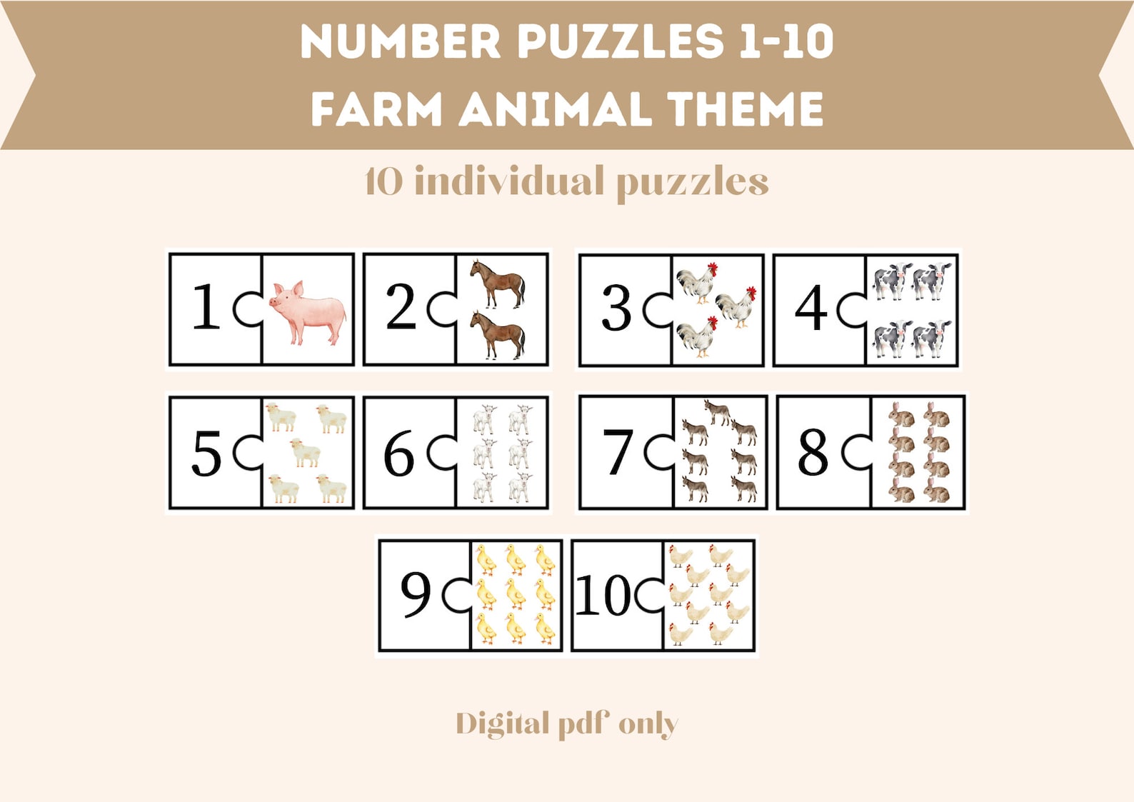 Number Puzzles 1-10, Farm Animal Theme, Counting Activity, DIGITAL ...