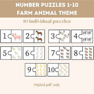 Number Puzzles 1-10, Farm Animal Theme, Counting Activity, DIGITAL ...
