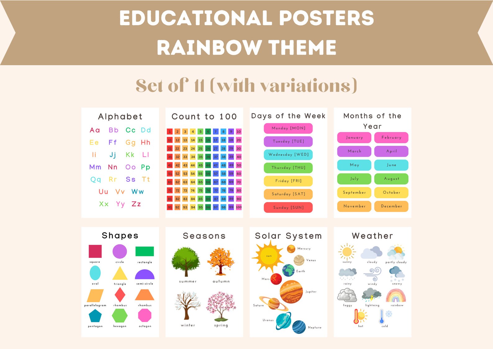 Rainbow Educational Posters, Set of 11 With Variations for Some, 18 ...
