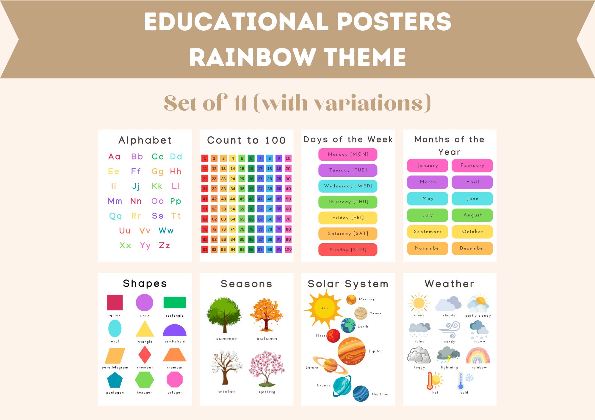 Rainbow Educational Posters, Set of 11 With Variations for Some, 18 ...