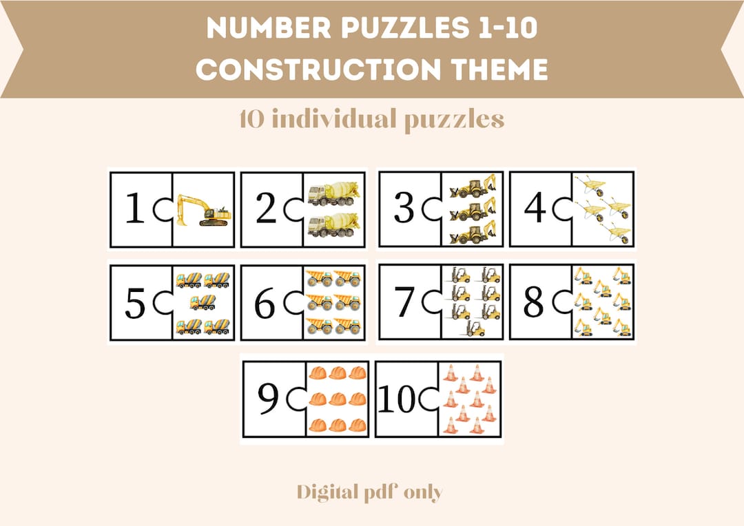 Number Puzzles 1-10, Construction Theme, Counting Activity, DIGITAL ...