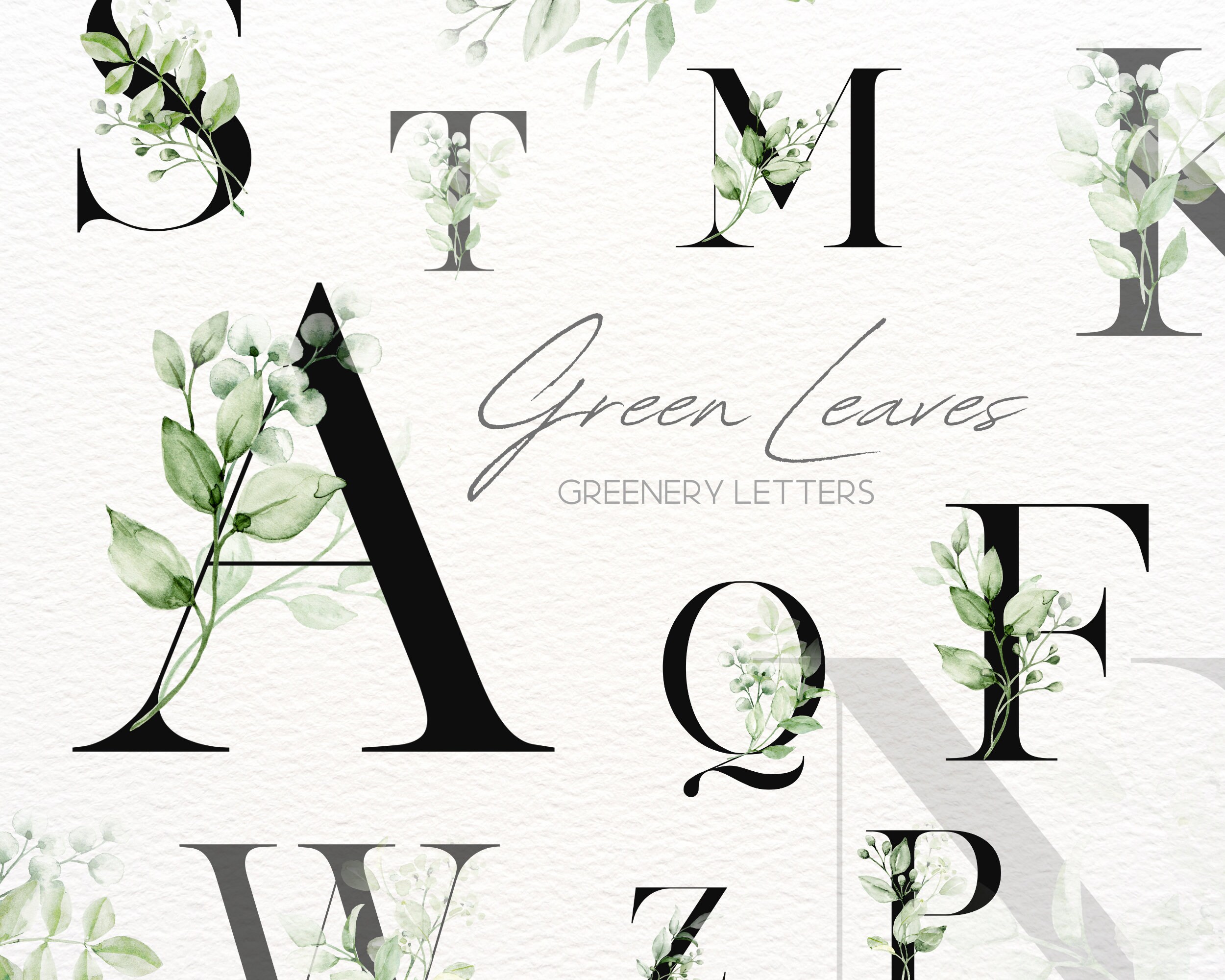 Greenery Alphabet Clipart Black Alphabet Clipart Wedding - Etsy Portugal
