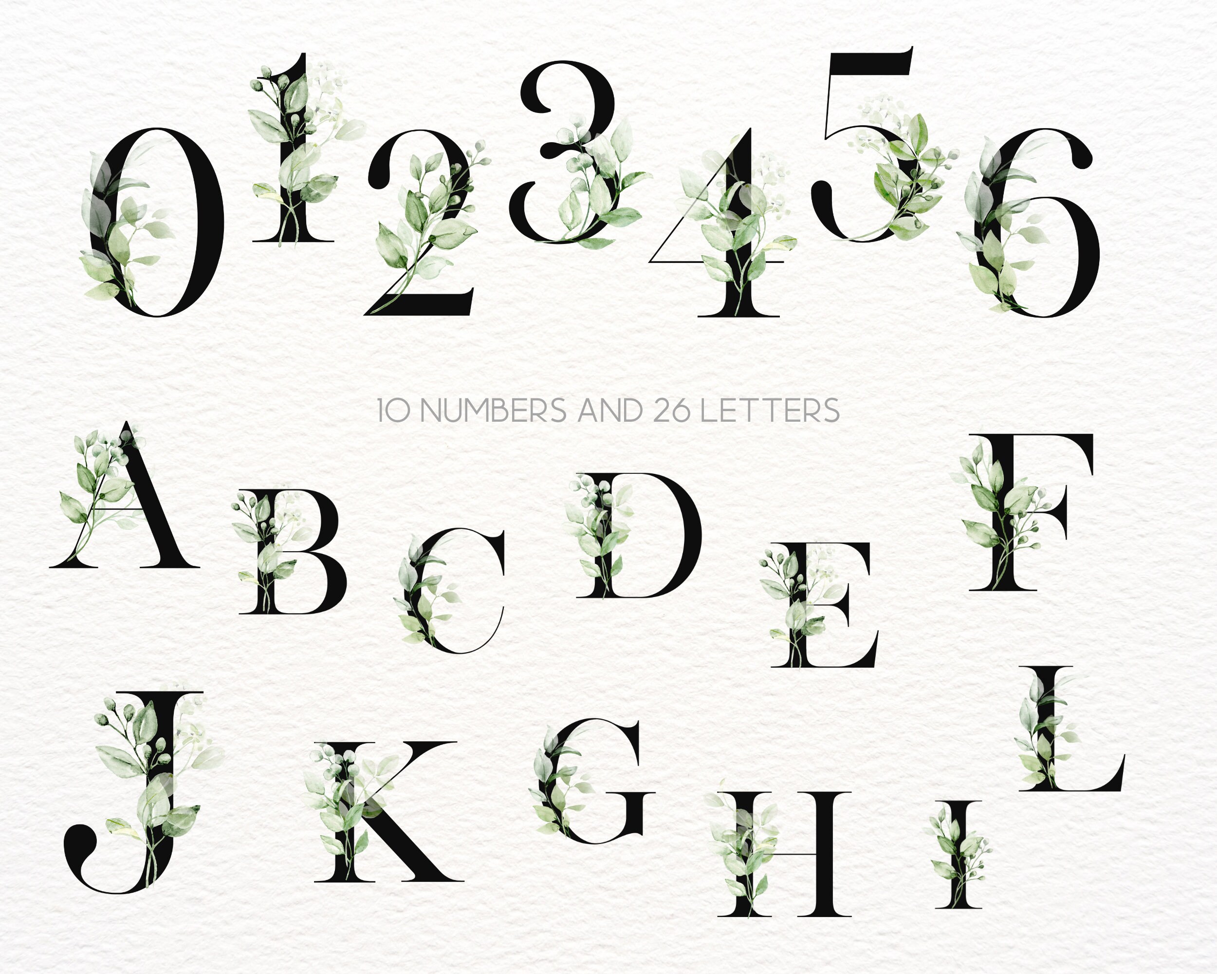 Greenery Alphabet Clipart Black Alphabet Clipart Wedding - Etsy Portugal