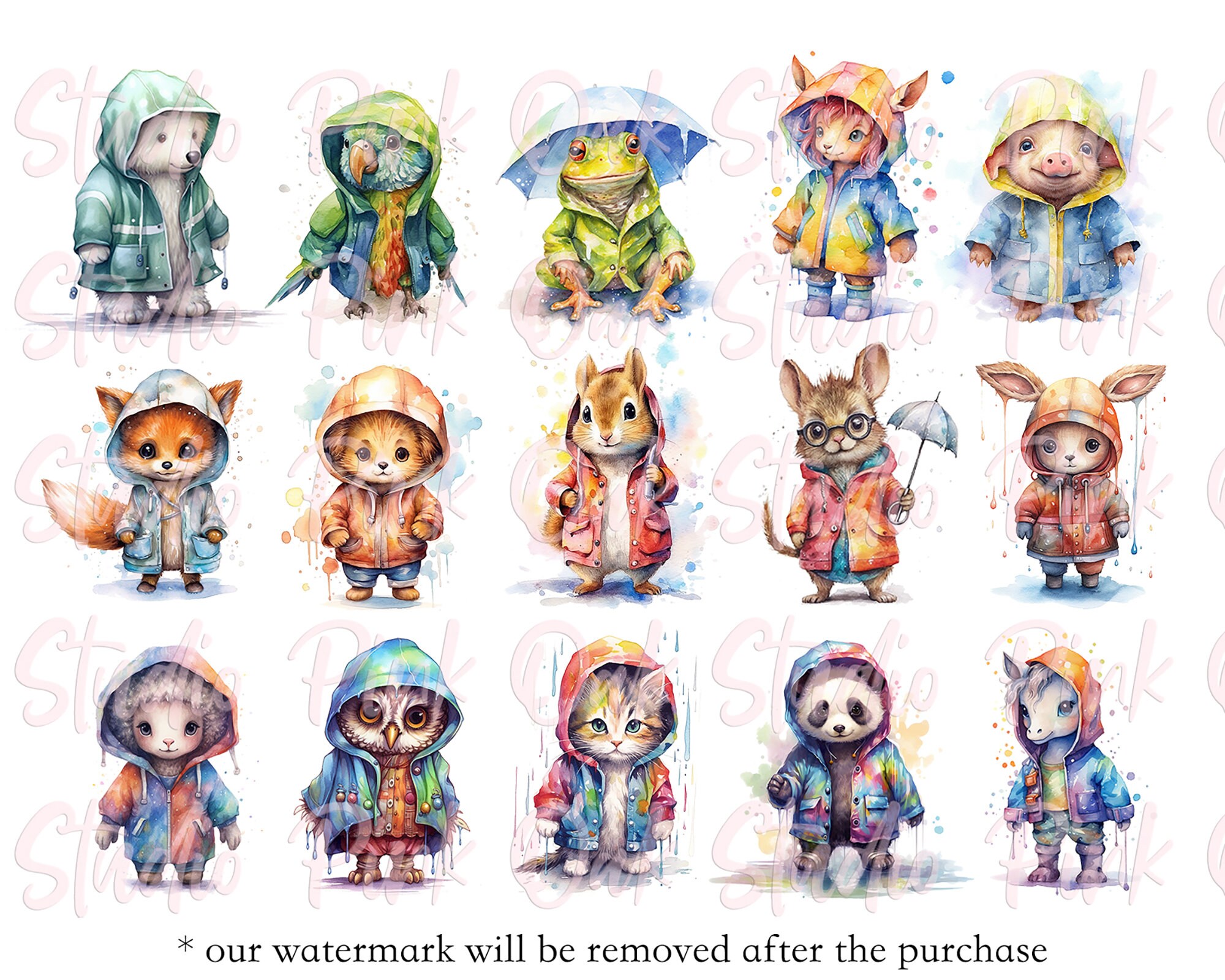Cute Animals With Raincoat, Watercolor Clipart, PNG, Transparent ...