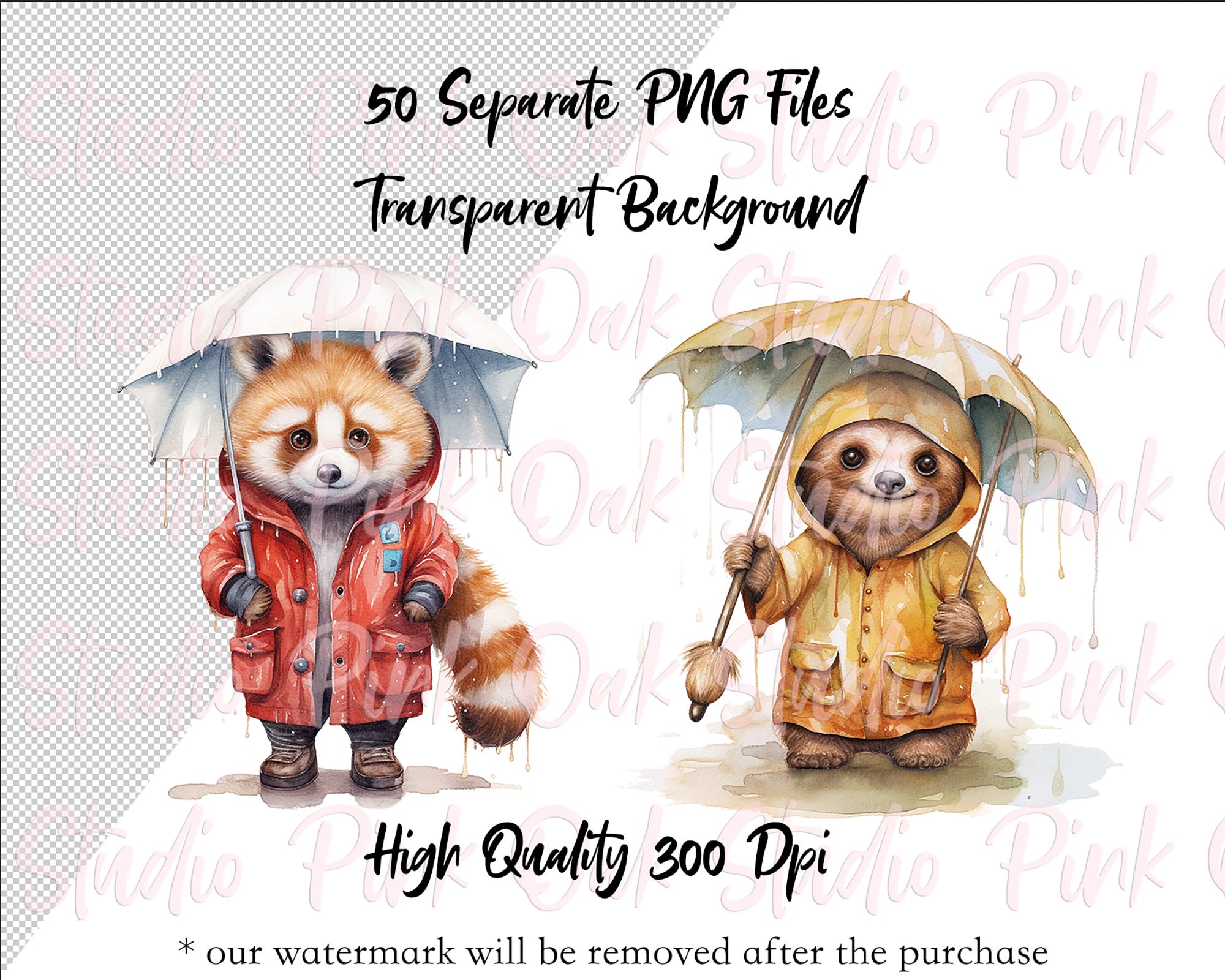 Cute Animals With Raincoat, Watercolor Clipart, PNG, Transparent ...