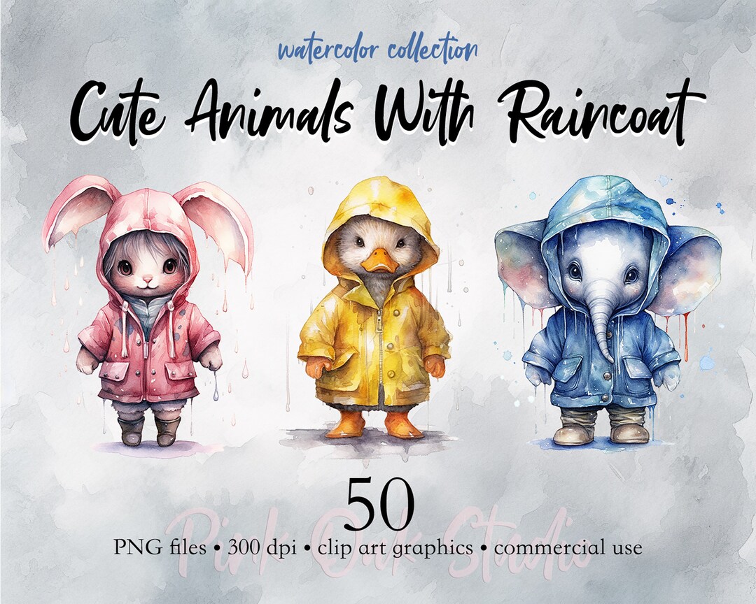 Cute Animals With Raincoat, Watercolor Clipart, PNG, Transparent ...